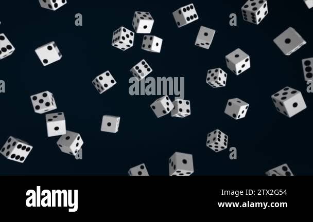 Abstract animation of many dice flying up on the dark background ...