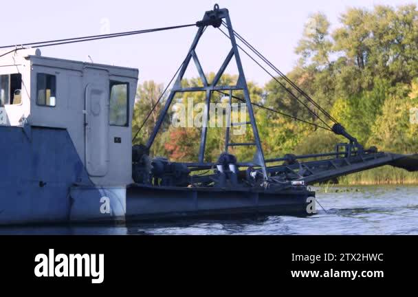 Industrial barge float on river in slow motion. Industrial vessel ...