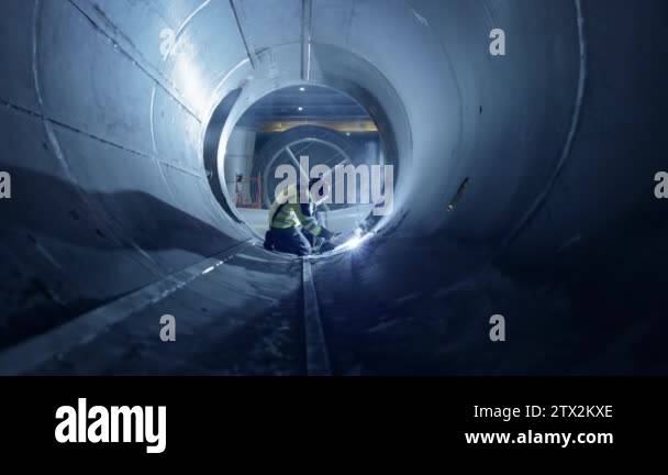 Professional Heavy Industry Welder Working Inside Pipe, Wears Helmet ...