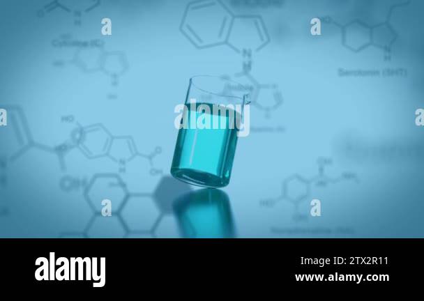 Animation of a laboratory beaker falling with blue liquid spilling ...