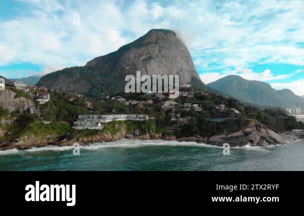 Aerial approach of the beautiful picturesque cliff rocks of Joatinga ...