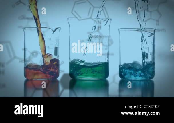 Animation of three laboratory beakers being filled with colored ...