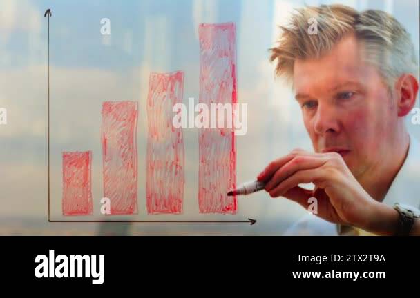 Reflection of a brainstorming businessman drawing a graph on a window ...