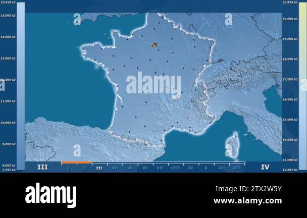 Solar radiation by month in the France area with animated legend ...