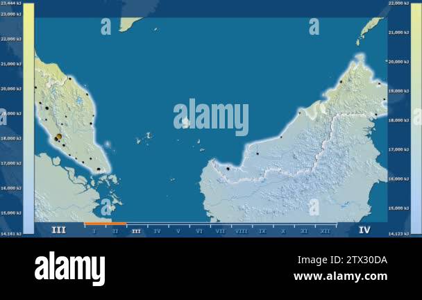 Solar radiation by month in the Malaysia area with animated legend ...