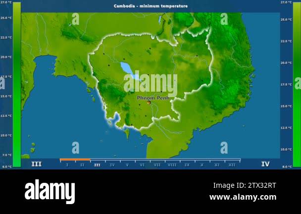 Minimum temperature by month in the Cambodia area with animated legend ...