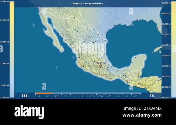 Solar radiation by month in the Mexico area with animated legend ...