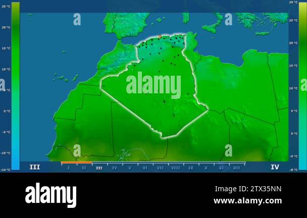 Minimum temperature by month in the Algeria area with animated legend ...