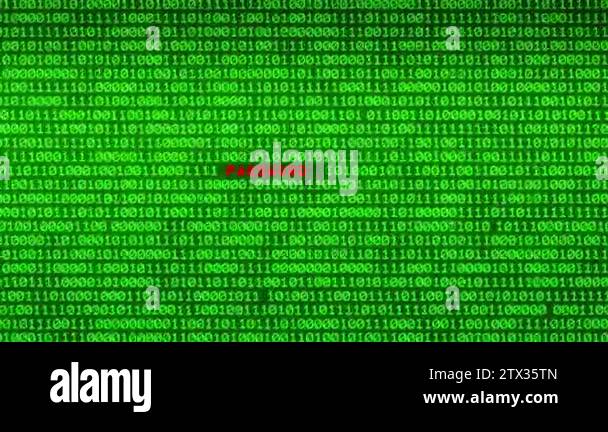 Wall of Green Binary Code Revealing PASSWORD CRACKED Word Between Random Binary Data Matrix ...