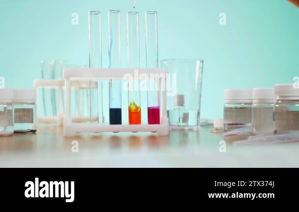 chemical experiments, laboratory test tubes with reagents. 4k, close-up ...