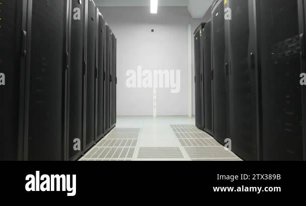 Servers racks walkthrough in Modern data center. Cloud computing ...