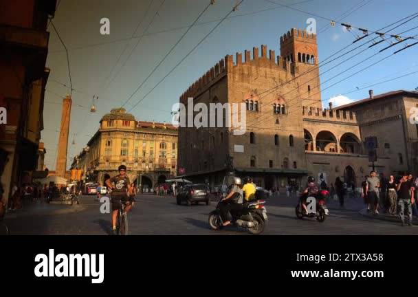 Bologna, Italy - circa 2018: Via Rizzoli street view with famous Two ...