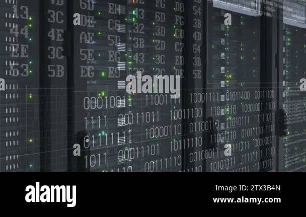 Digital Visualization of Computing Process Flashing Lights on Working Rack Servers Close-up in ...