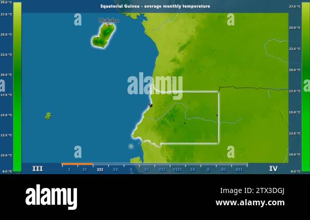 Average temperature by month in the Equatorial Guinea area with animated legend - English labels ...