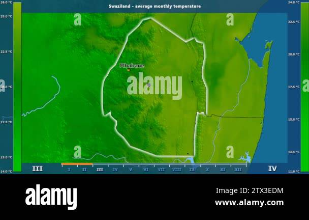 Average temperature by month in the Swaziland area with animated legend - English labels ...