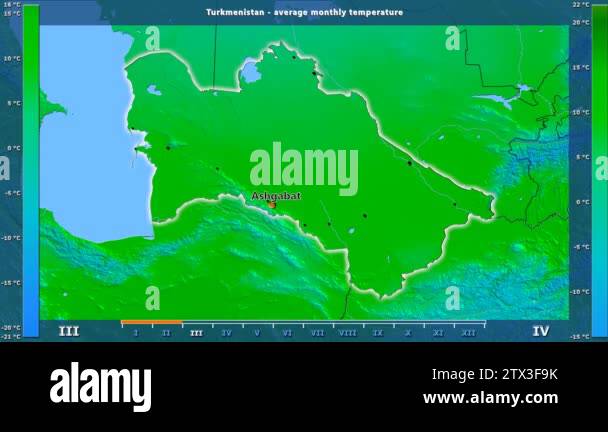Average temperature by month in the Turkmenistan area with animated legend - English labels ...