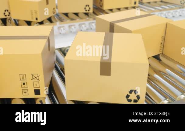 Cardboard boxes progresses along conveyor belt loopable animation ...