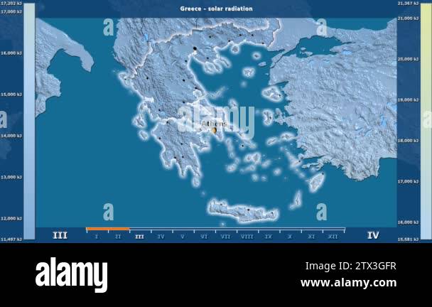 Solar radiation by month in the Greece area with animated legend ...