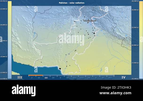 Solar radiation by month in the Pakistan area with animated legend ...
