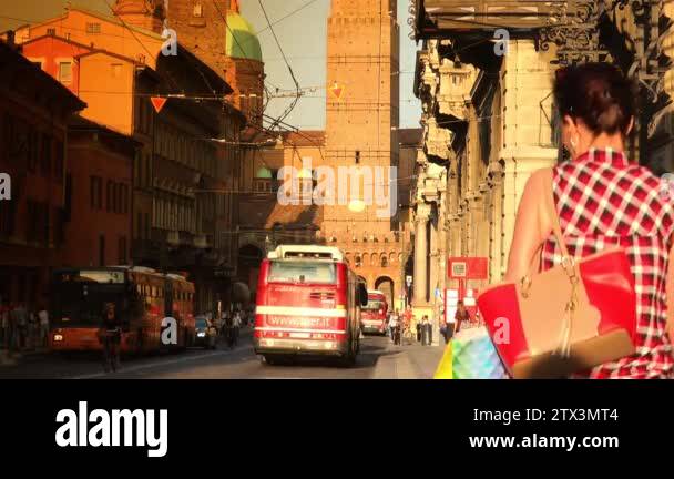 Bologna, Italy - circa 2018: Via Rizzoli street view with famous Two ...