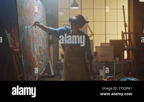 Talented Female Artist Wearing Augmented Reality Headset Working on ...