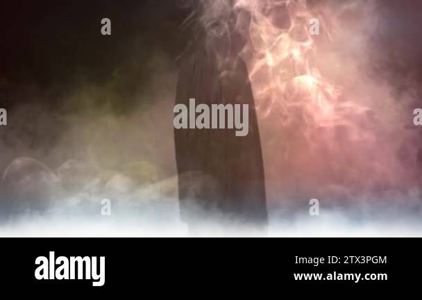 Black Masked Figure with Sword in Smoke 4K features a figure in a black ...