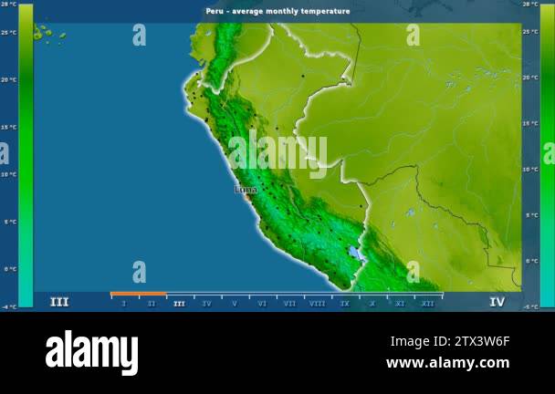 Average temperature by month in the Peru area with animated legend - English labels: country and ...