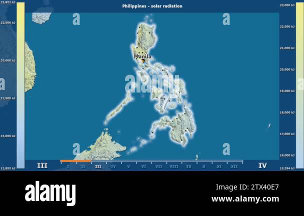 Solar radiation by month in the Philippines area with animated legend ...
