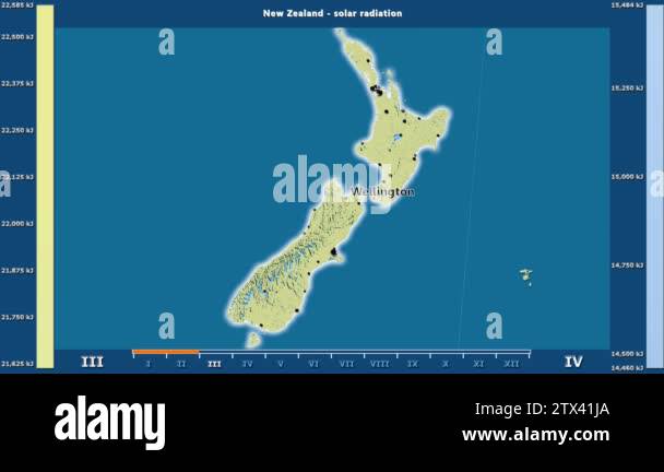 Solar radiation by month in the New Zealand area with animated legend ...