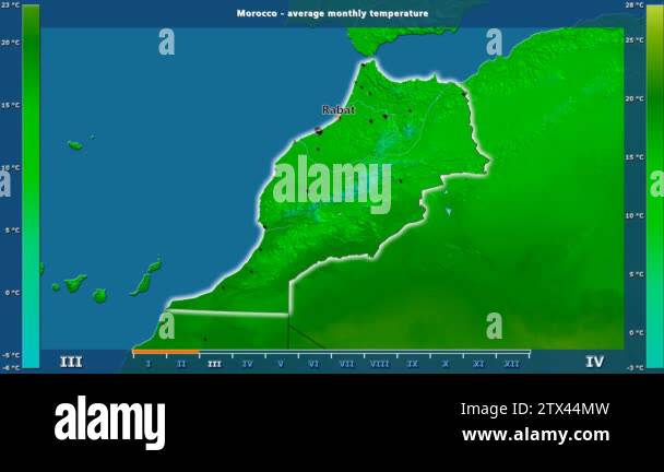 Average temperature by month in the Morocco area with animated legend - English labels: country ...