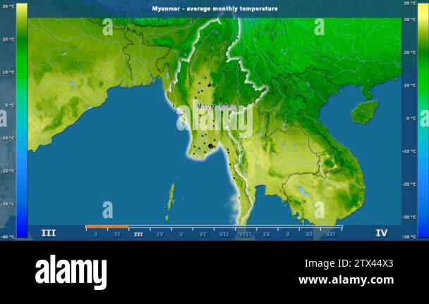 Average temperature by month in the Myanmar area with animated legend - English labels: country ...