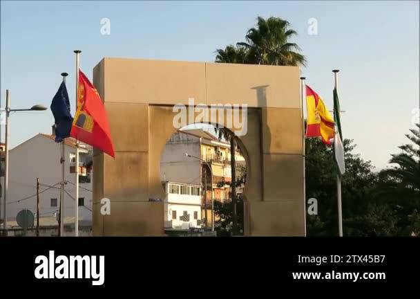 European, Spanish, Andalusian and Alora Flags blowing in wind at Model ...