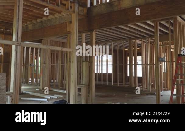 Wood framing work in progress with wood framing walls and ceiling or ...