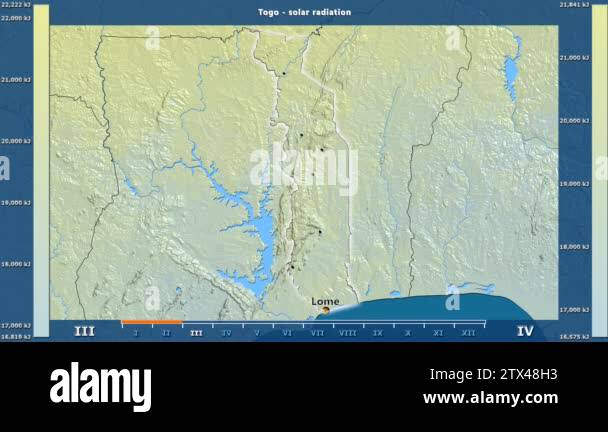 Solar radiation by month in the Togo area with animated legend ...