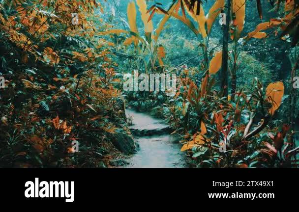 First person view walk through rain forest pathway surrounded by plants ...