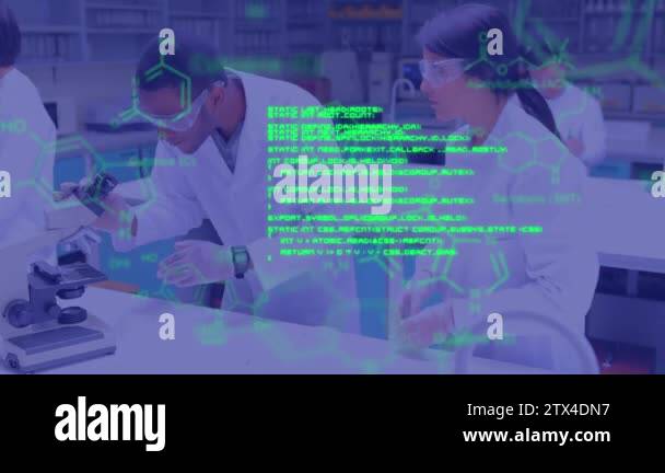 Animation of a diverse group of scientists using microscope in a lab with green structural ...