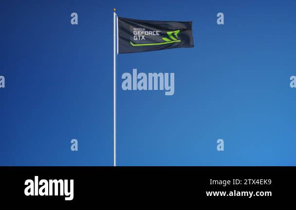 Nvidia GeForce GTX logo flag waving in slow motion against blue sky ...