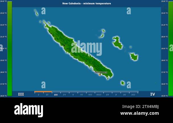 Minimum temperature by month in the New Caledonia area with animated ...