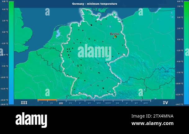 Minimum temperature by month in the Germany area with animated legend ...