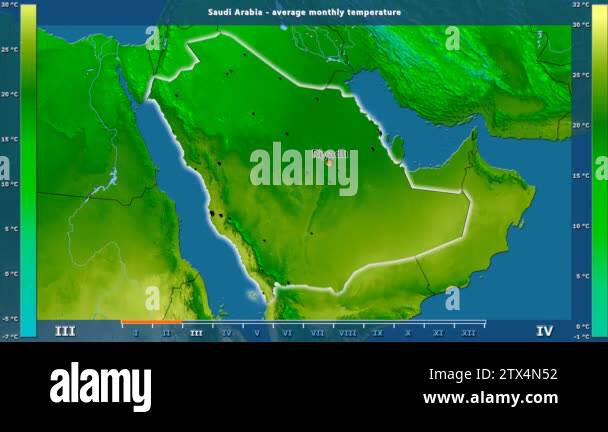Average temperature by month in the Saudi Arabia area with animated legend - English labels ...