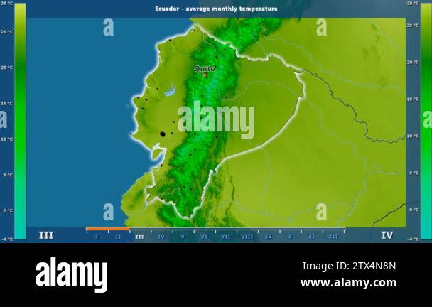 Average temperature by month in the Ecuador area with animated legend - English labels: country ...