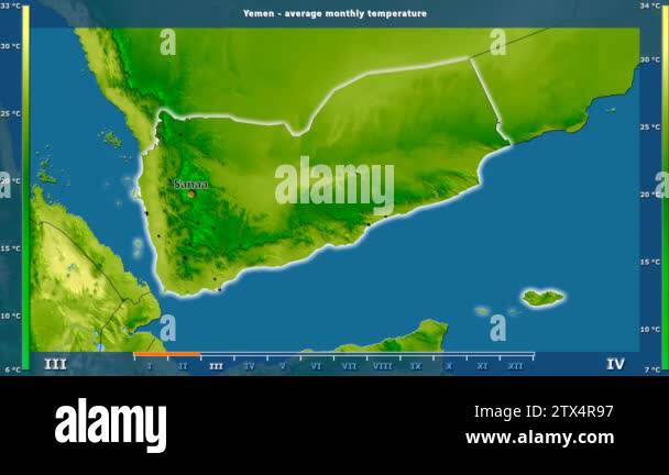 Average temperature by month in the Yemen area with animated legend - English labels: country ...