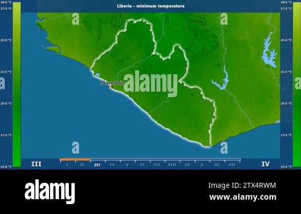 Minimum temperature by month in the Liberia area with animated legend ...