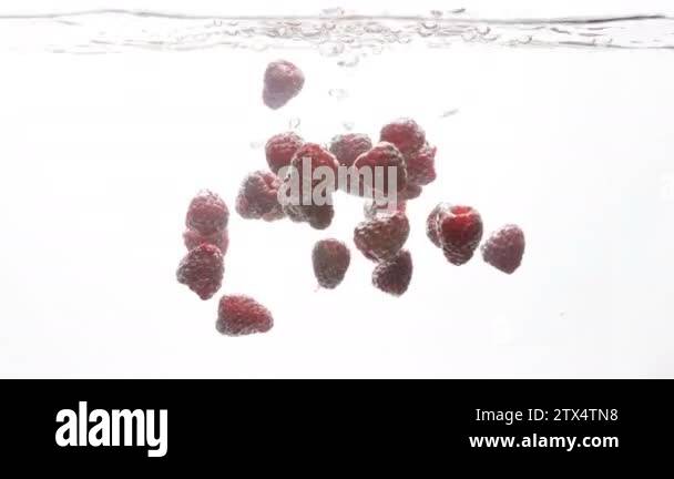 Closeup 4k footage of fresh ripe raspberries falling in water against ...