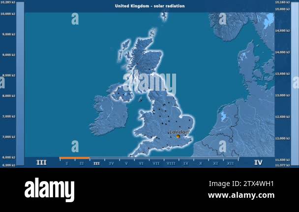 Solar radiation by month in the United Kingdom area with animated ...
