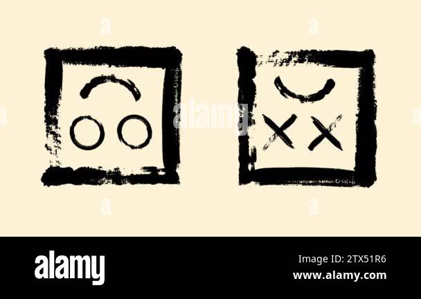 Smiling and sad emoticons in squares on disappearing on beige ...