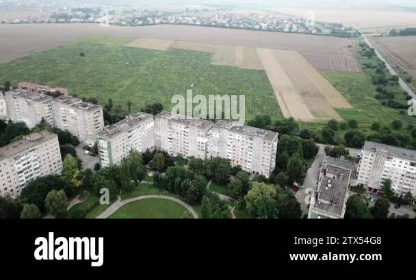 Aerial view of town with socialist soviet style of building at cloudy ...