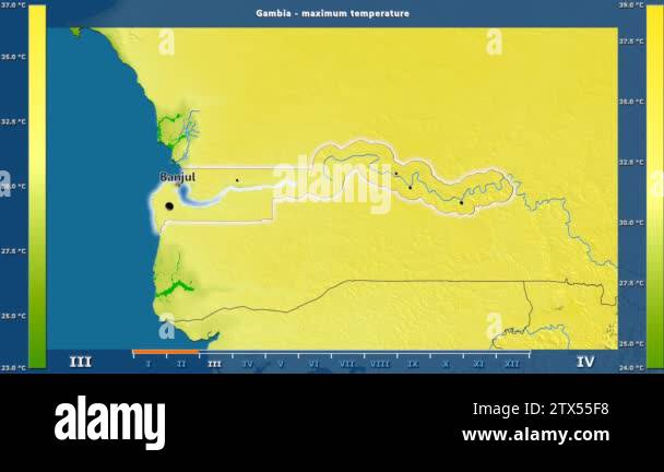Maximum temperature by month in the Gambia area with animated legend ...