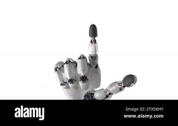 Robotic Hand Presses on the Screen on a White and Green Backgrounds ...