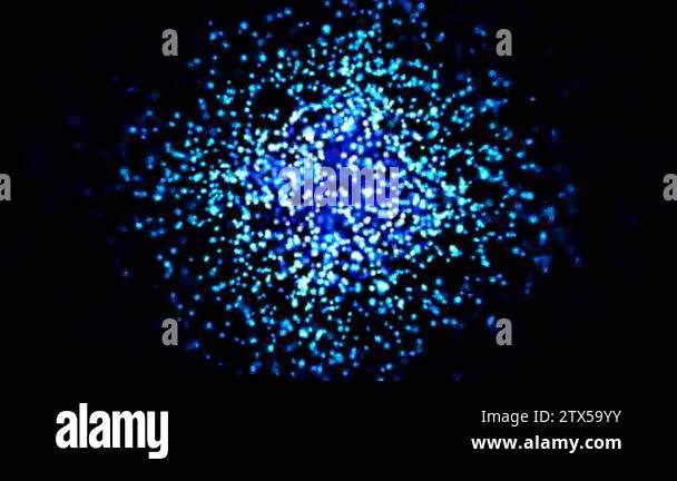 Flying through the cloud of beautiful small particles of blue color on ...